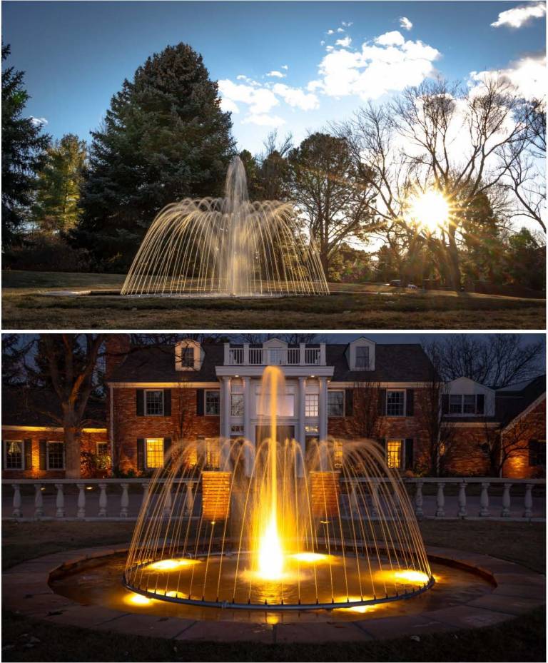 Day and night photos of a 17′ spray ring – Fantasy Fountains